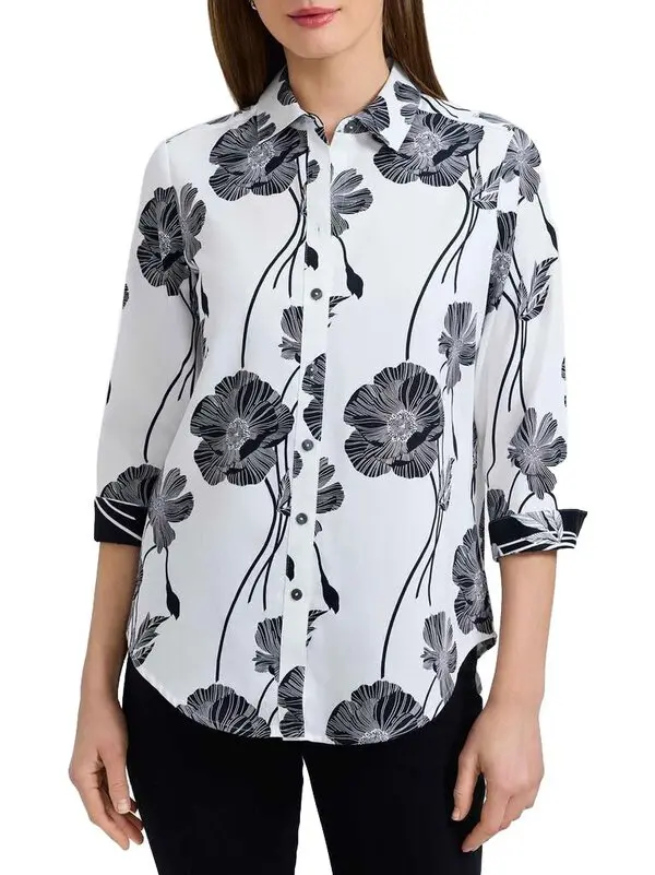 Foxcroft Marina Poppy Print Button-up Shirt - White/ Black