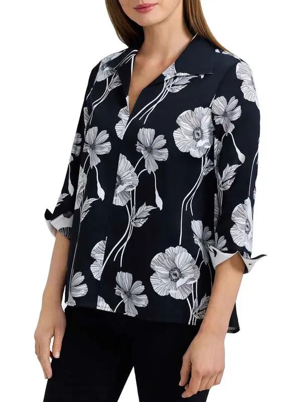 Foxcroft Agnes Poppy Print Popover Top - Black/ White