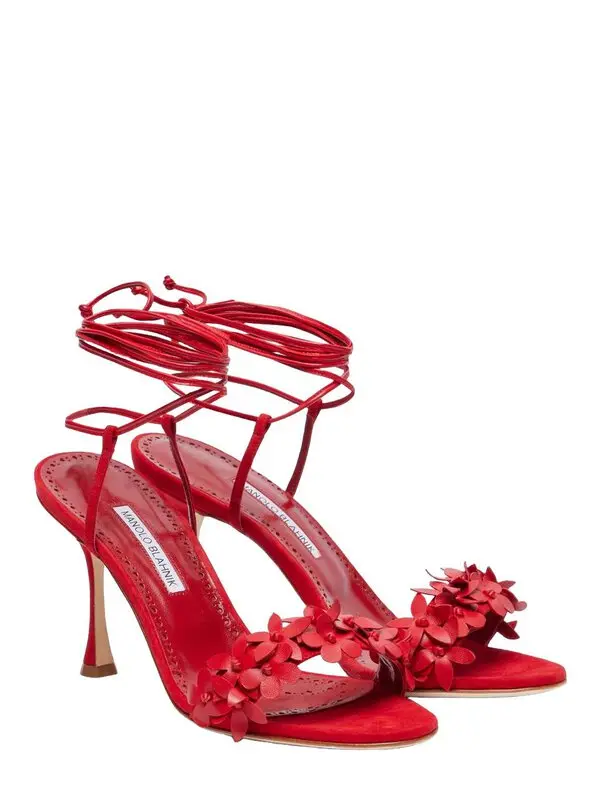 Manolo Blahnik Anista Floral-appliqué Leather Sandals - Red