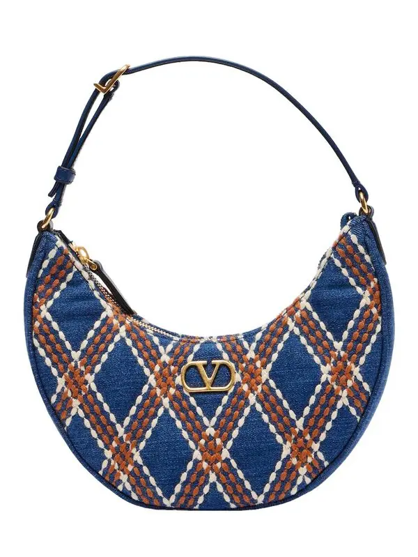 Valentino Garavani Quiltie 67 Embroidered Denim Shoulder Bag - Blue