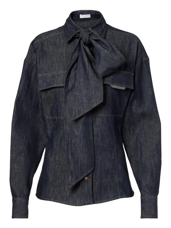 Brunello Cucinelli Bow-tie Cotton Blouse - Blue