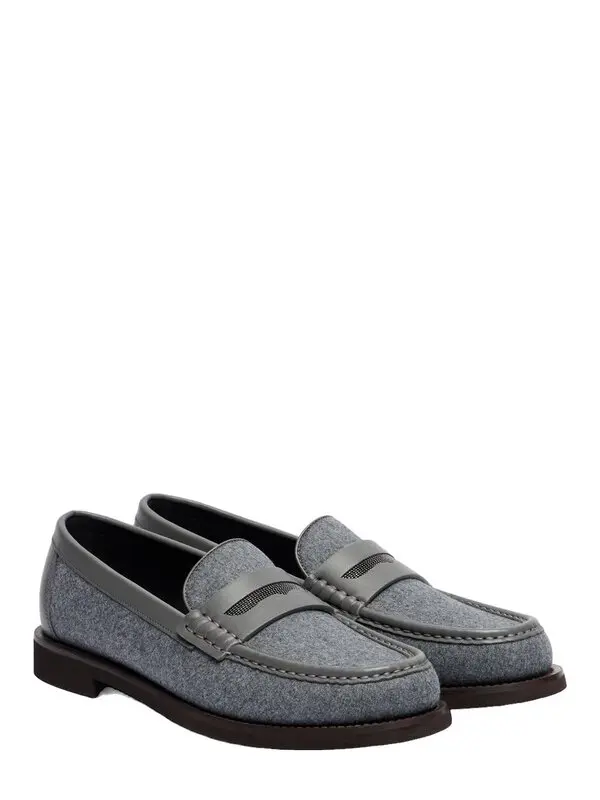 Brunello Cucinelli Monili Leather-trimmed Loafers - Grey