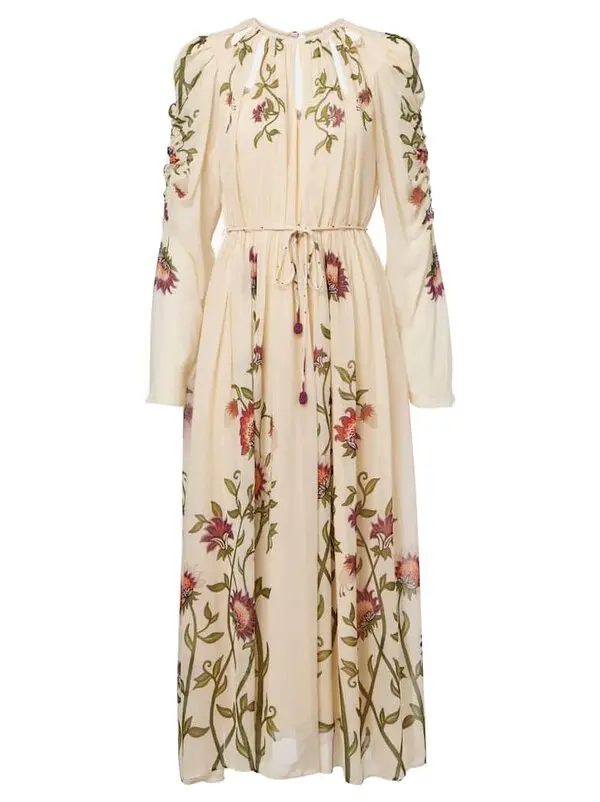 Farm Rio Floral Cutout Midi Dress - Beige
