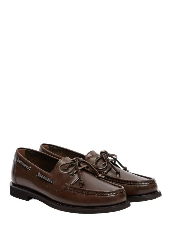 Brunello Cucinelli Monili Leather Boat Shoes - Brown