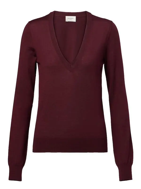 Saint Laurent Wool V-neck Sweater - Burgundy