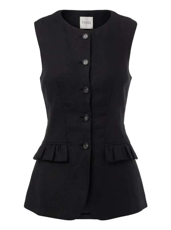 Posse Matilda Ruffled Linen Vest - Black