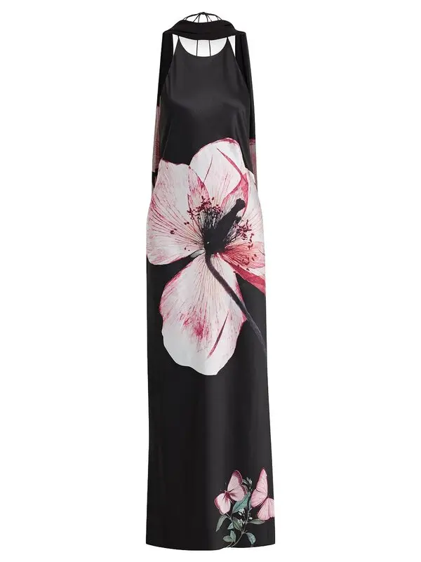 Alice + Olivia Floral-print Satin Halterneck Gown - Black