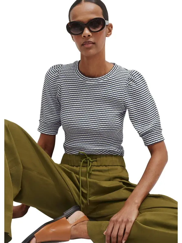ME+EM Striped Pouf Sleeve Tee - Navy/soft White