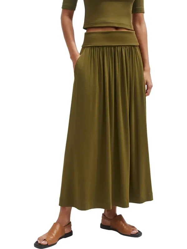 ME+EM Ribbed Waist Pleated Maxi Skirt - Deep Golden Olive