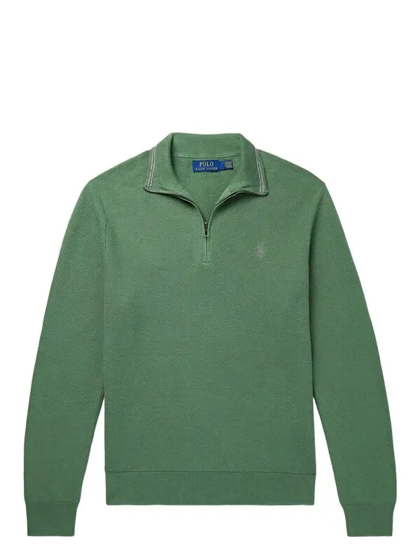 Ralph Lauren Logo-embroidered Honeycomb-knit Half-zip Cotton Sweater - Green