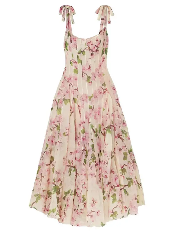 Oscar De La Renta Pleated Floral-print Silk-blend Organza Gown - Cream
