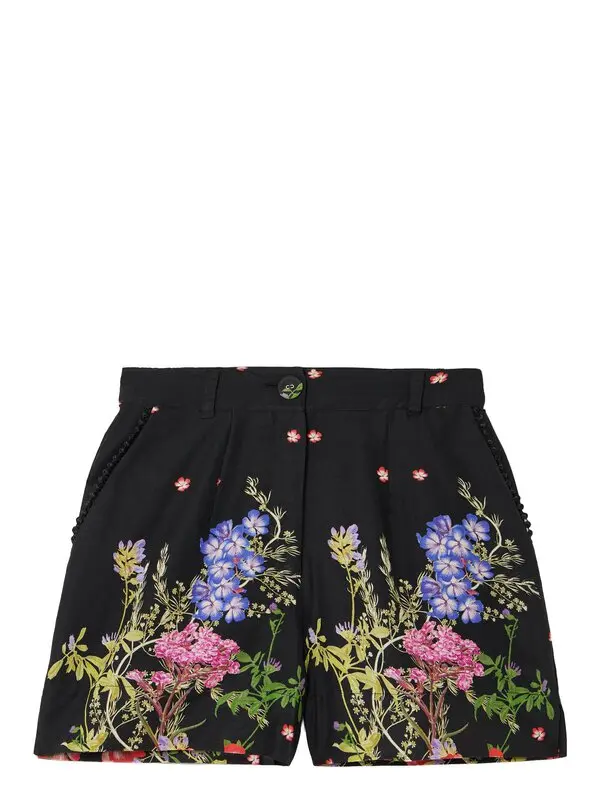 Charo Ruiz Ibiza Pansy Floral-print Cotton-blend Voile Shorts With Guipure Lace Trim - Black