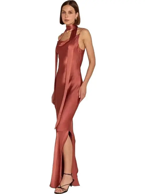 REWRITTEN Pollenca Cowl Neck Maxi Dress With Detachable Sash - Terracotta