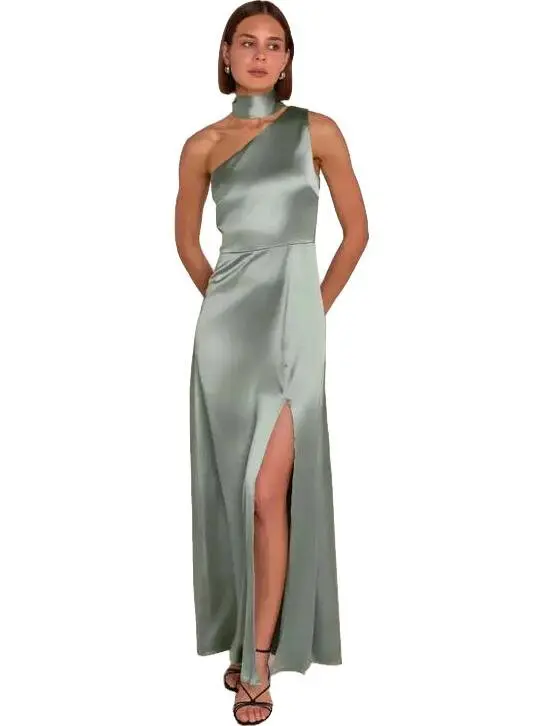 REWRITTEN One Shoulder Maxi Dress - Sage Green