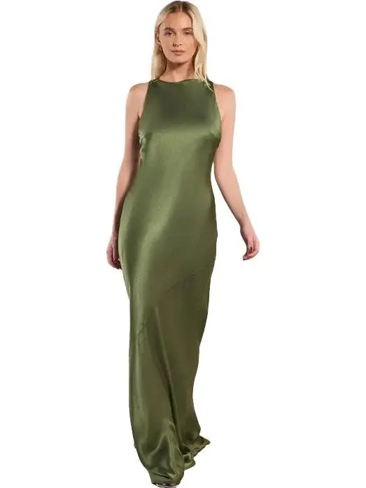 REWRITTEN Paris Cross Back Bias Cut Satin Dress - Olive Green