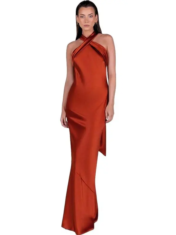 REWRITTEN Roma Halter Neck Maxi Dress With Tie Detail - Burnt Orange