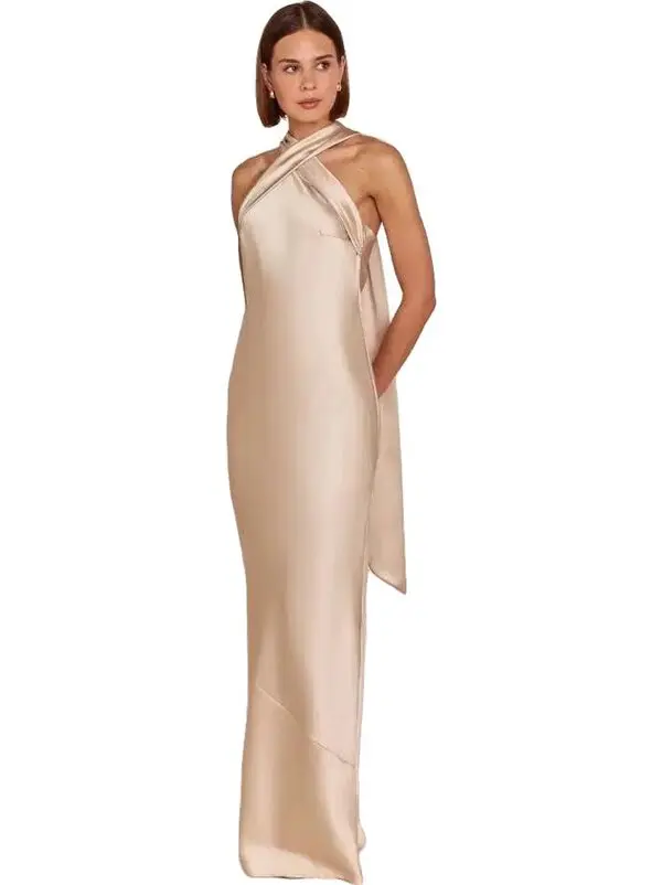 REWRITTEN Roma Halter Neck Maxi Dress With Tie Detail - Champagne