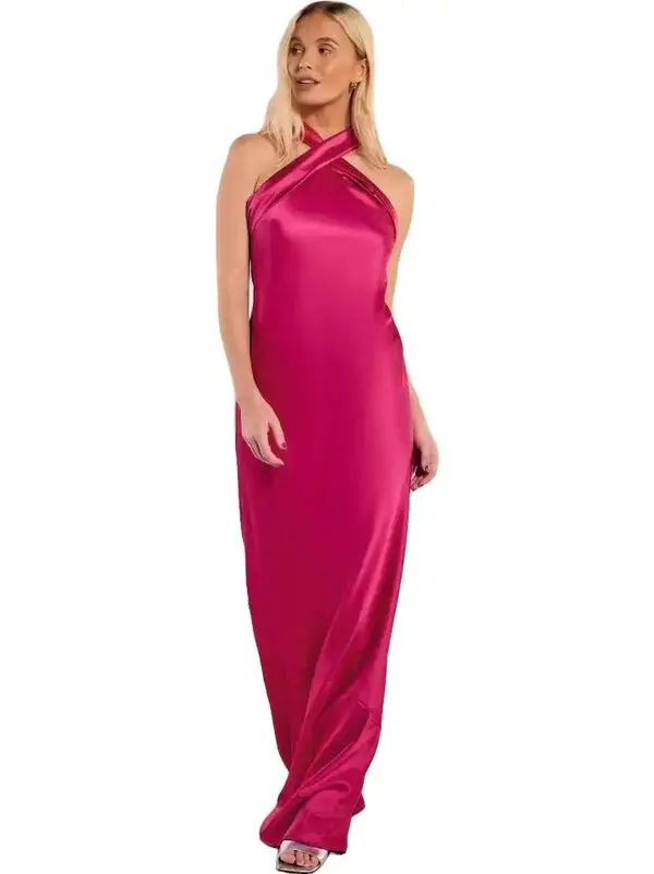 REWRITTEN Roma Halter Neck Maxi Dress With Tie Detail - Hot Pink