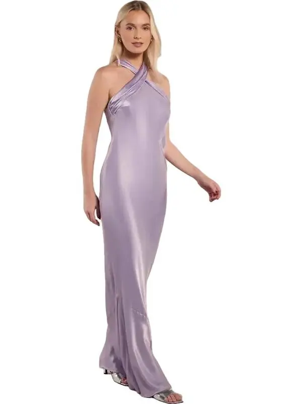 REWRITTEN Roma Halter Neck Maxi Dress With Tie Detail - Lilac