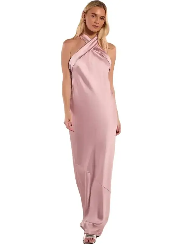 REWRITTEN Roma Halter Neck Maxi Dress With Tie Detail - Rose Pink