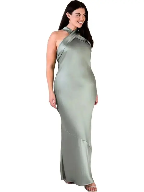 REWRITTEN Roma Halter Neck Maxi Dress With Tie Detail - Sage Green