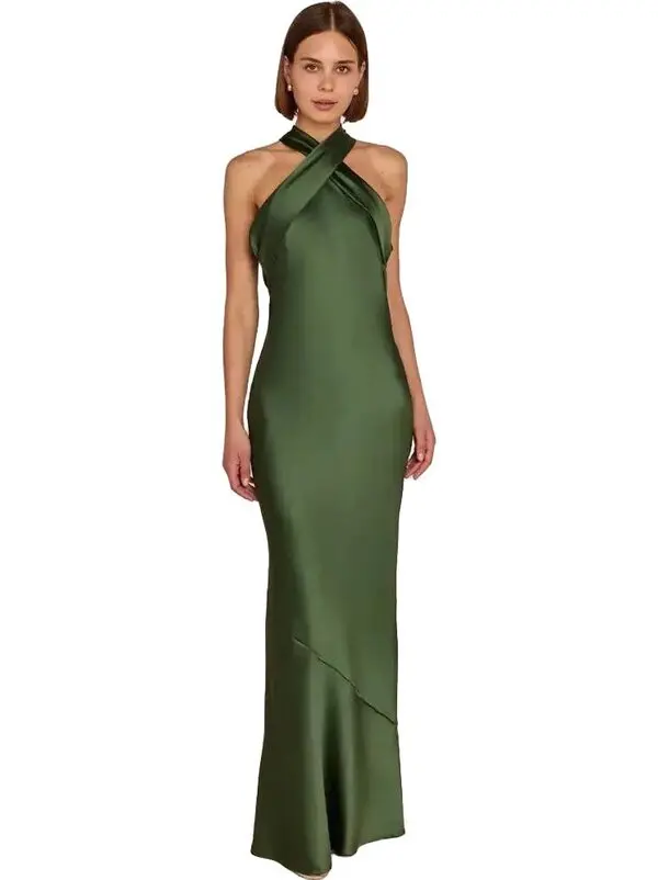 REWRITTEN Roma Halterneck Maxi Dress - Sage Green