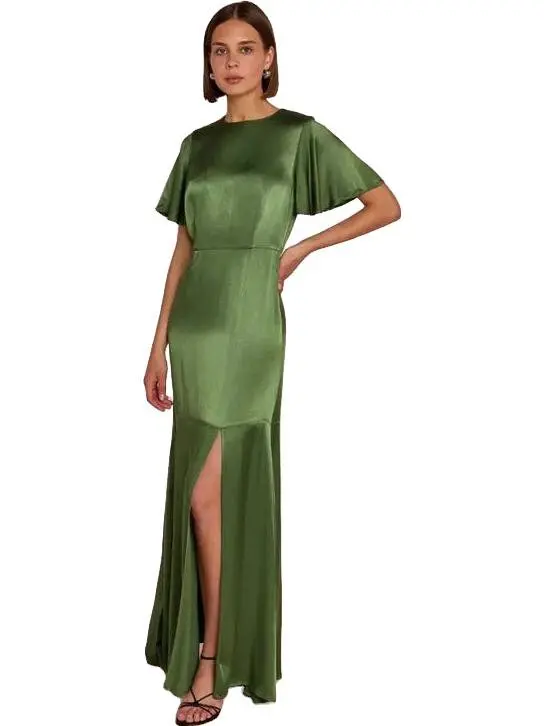 REWRITTEN Sienna Capped Sleeve Floor Length Dress - Olive Green