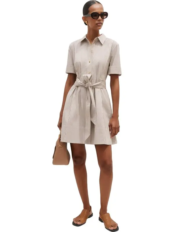 ME+EM Seersucker Stripe Mini Shirt Dress With Belt - Chocolate/white
