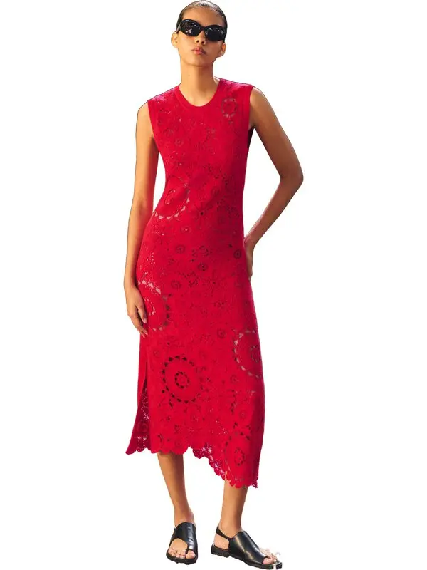 ME+EM Asymmetric Cotton Crochet Maxi Dress With Slip - Lipstick Red