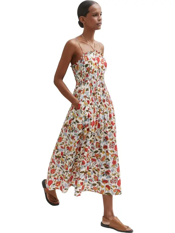 ME+EM Cotton Rosebush Print Midi Dress - Soft White/red/multi