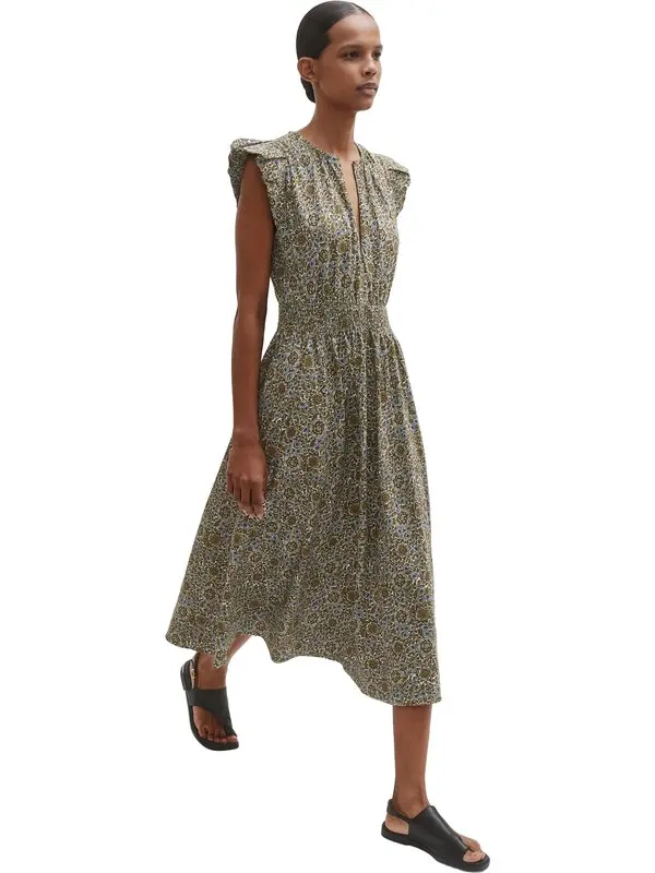 ME+EM Trailing Lotus Print Midi Dress - Olive/navy/peach