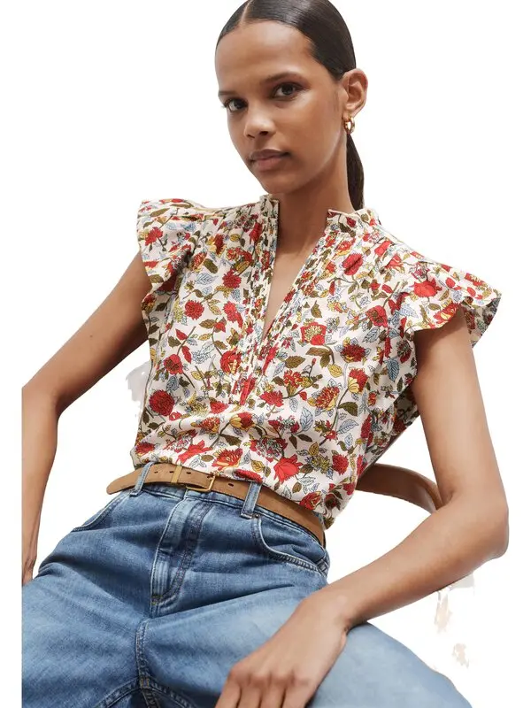 ME+EM Cotton Voile Rosebush Print Blouse - Soft White/red/multi