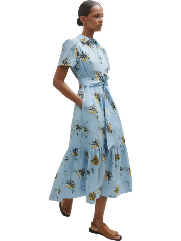 ME+EM Scattered Anemone Print Seersucker Midi Dress With Belt - Blue/yellow/multi