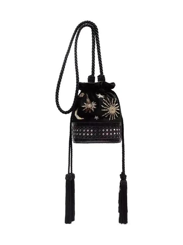 ISLA Embroidered Velvet Bucket Bag - Black