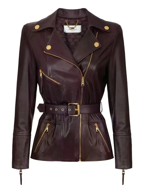 Elisabetta Franchi Belted Leather Biker Jacket - Red