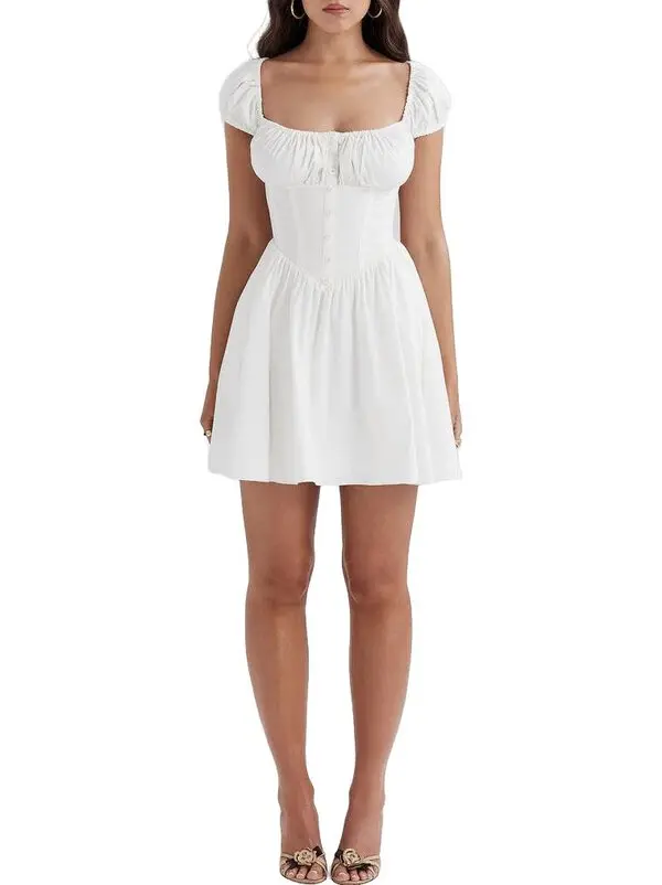 House Of Cb Nala Puff Sleeve Stretch Cotton Blend Minidress - White