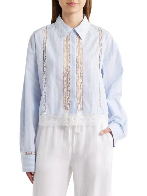 LoveShackFancy Delano Lace Panel Woven Shirt - Sky Lagoon