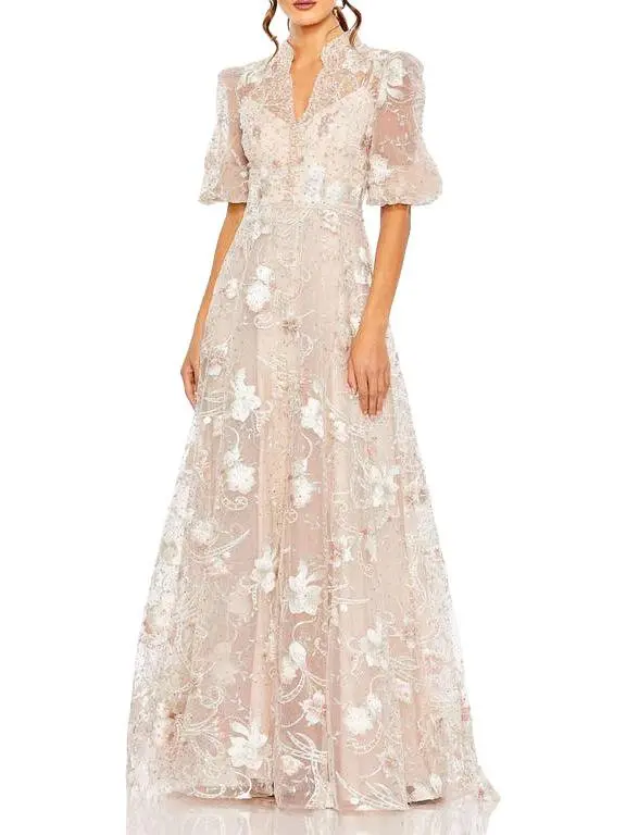 Mac Duggal Queen Anne Puff Sleeve A-line Gown - Blush