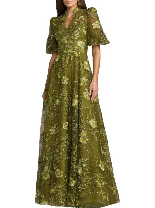 Mac Duggal Queen Anne Puff Sleeve A-line Gown - Olive