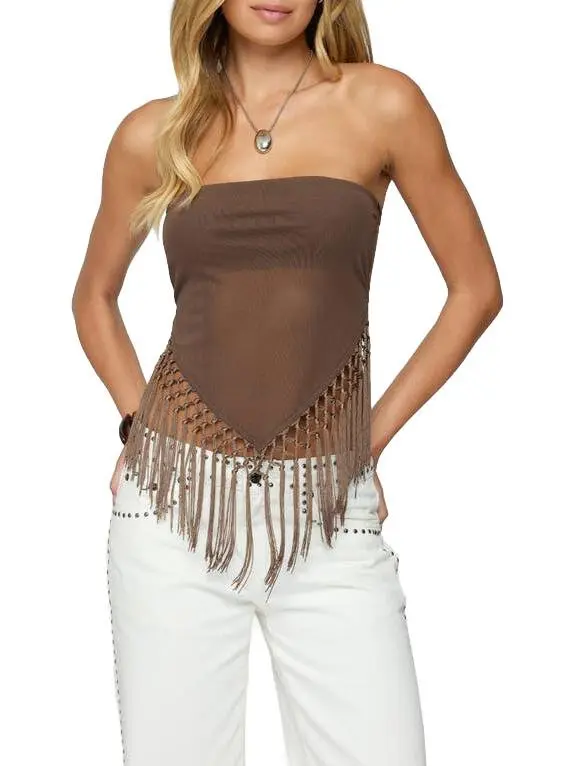 EDIKTED Fringe Hem Mesh Tube Top - Brown