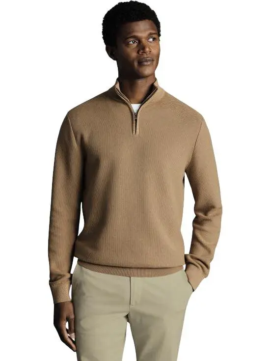 CHARLES TYRWHITT Cotton Zip Neck Sweater - Camel