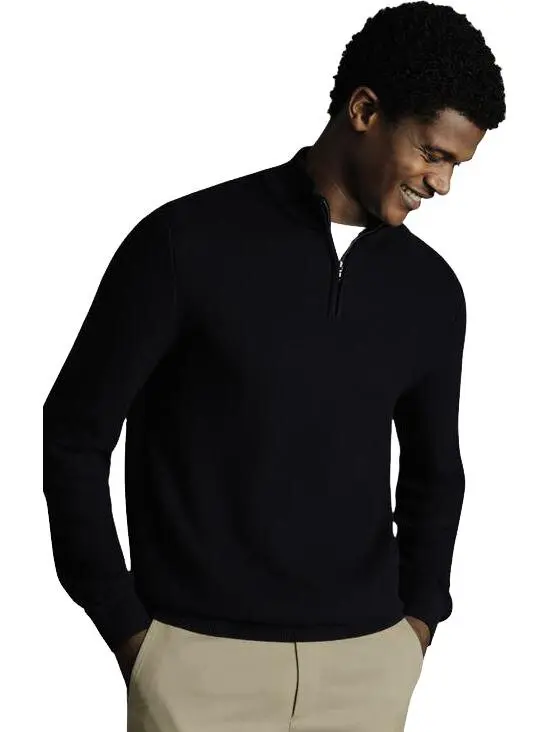 CHARLES TYRWHITT Cotton Zip Neck Sweater - Navy Blue