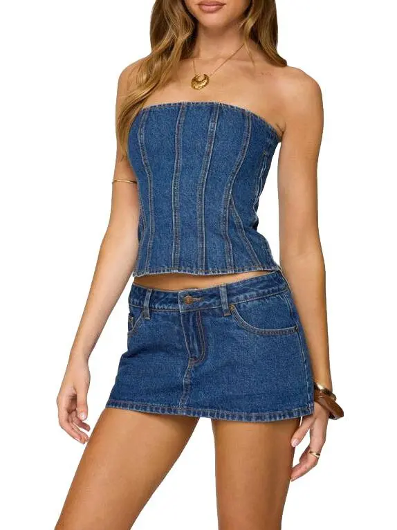 EDIKTED Strapless Denim Corset Top - Blue-washed