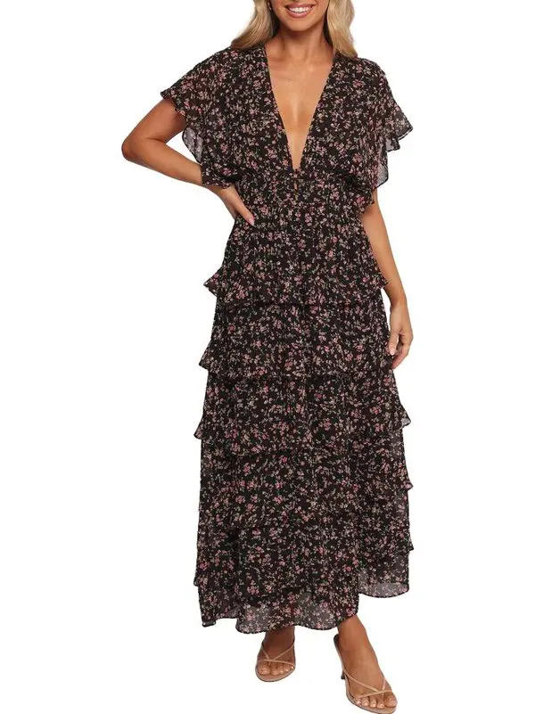 PETAL & PUP Wendi Printed Tiered Maxi Dress - Black Floral