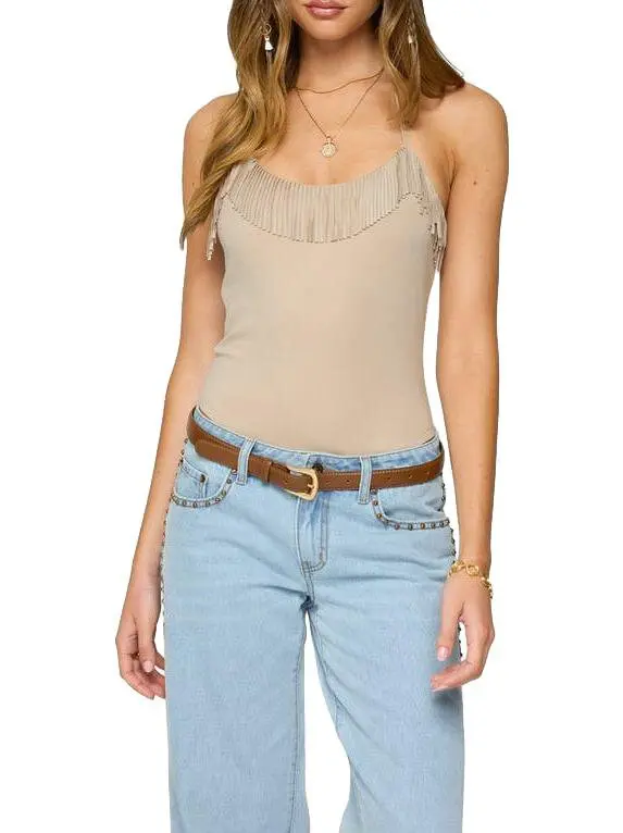 EDIKTED Fringe Trim Halter Bodysuit - Beige