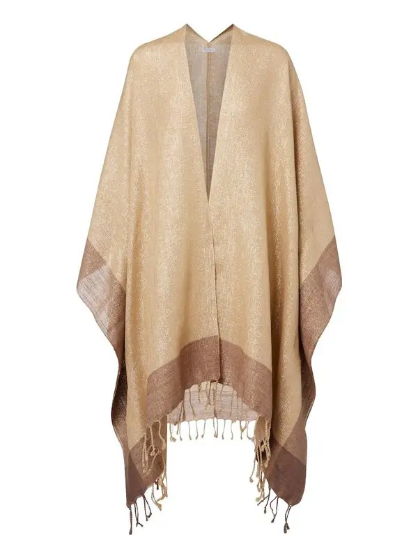 Brunello Cucinelli Fringed Linen-blend Lamé Poncho - Beige