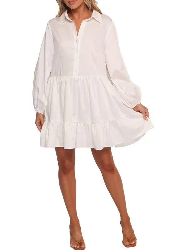 PETAL & PUP Carlotta Long Sleeve Mini Shirt Dress - White