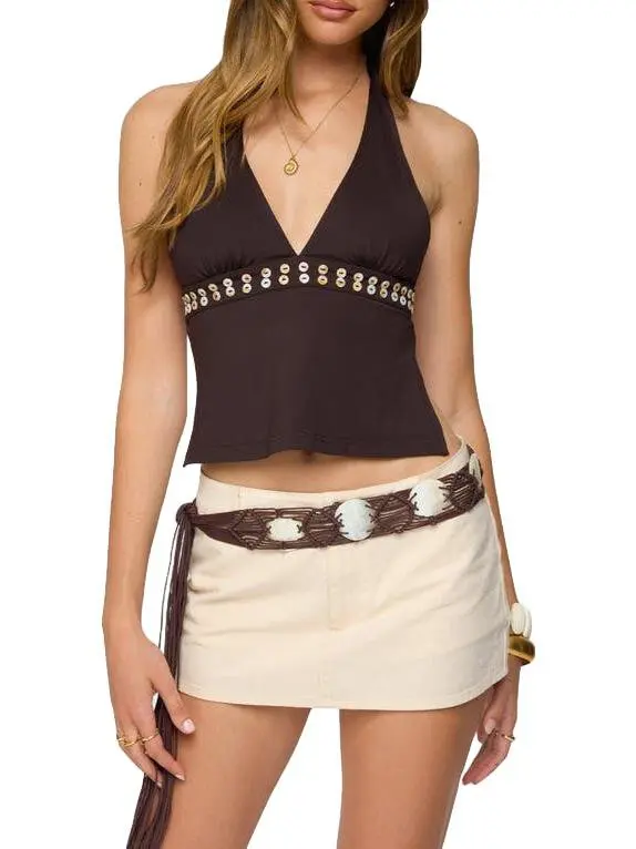 EDIKTED Button Trim Halter Top - Brown