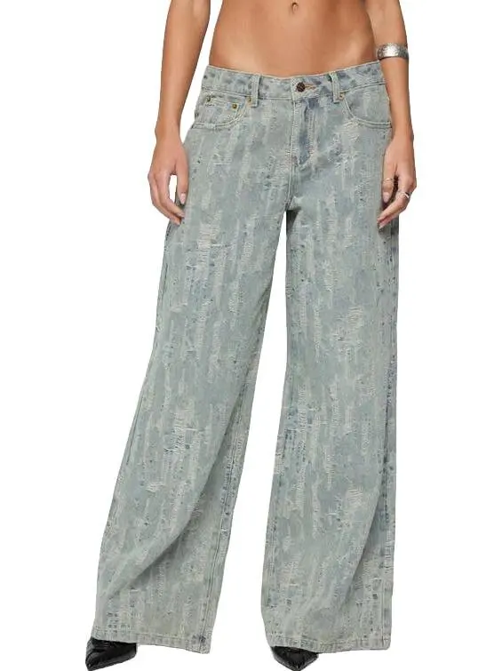 EDIKTED Distressed Low Rise Wide Leg Jeans - Blue-washed