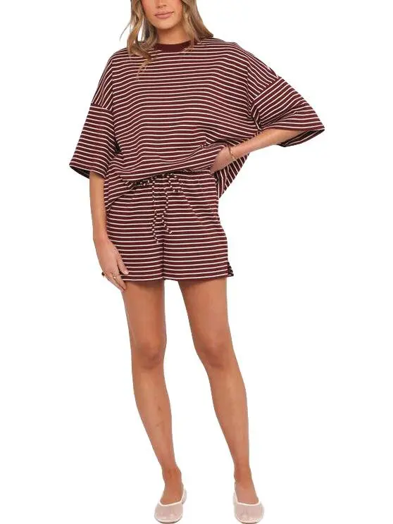 PETAL & PUP Wilda Oversized T-shirt - Burgundy Cream Stripe